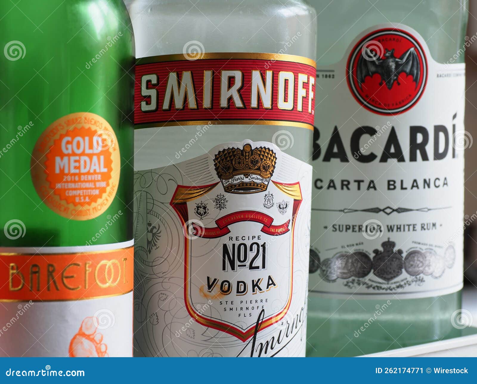 Bottles of Alcohol Vodka Rum and Red Wine Editorial Photo - Image of ...