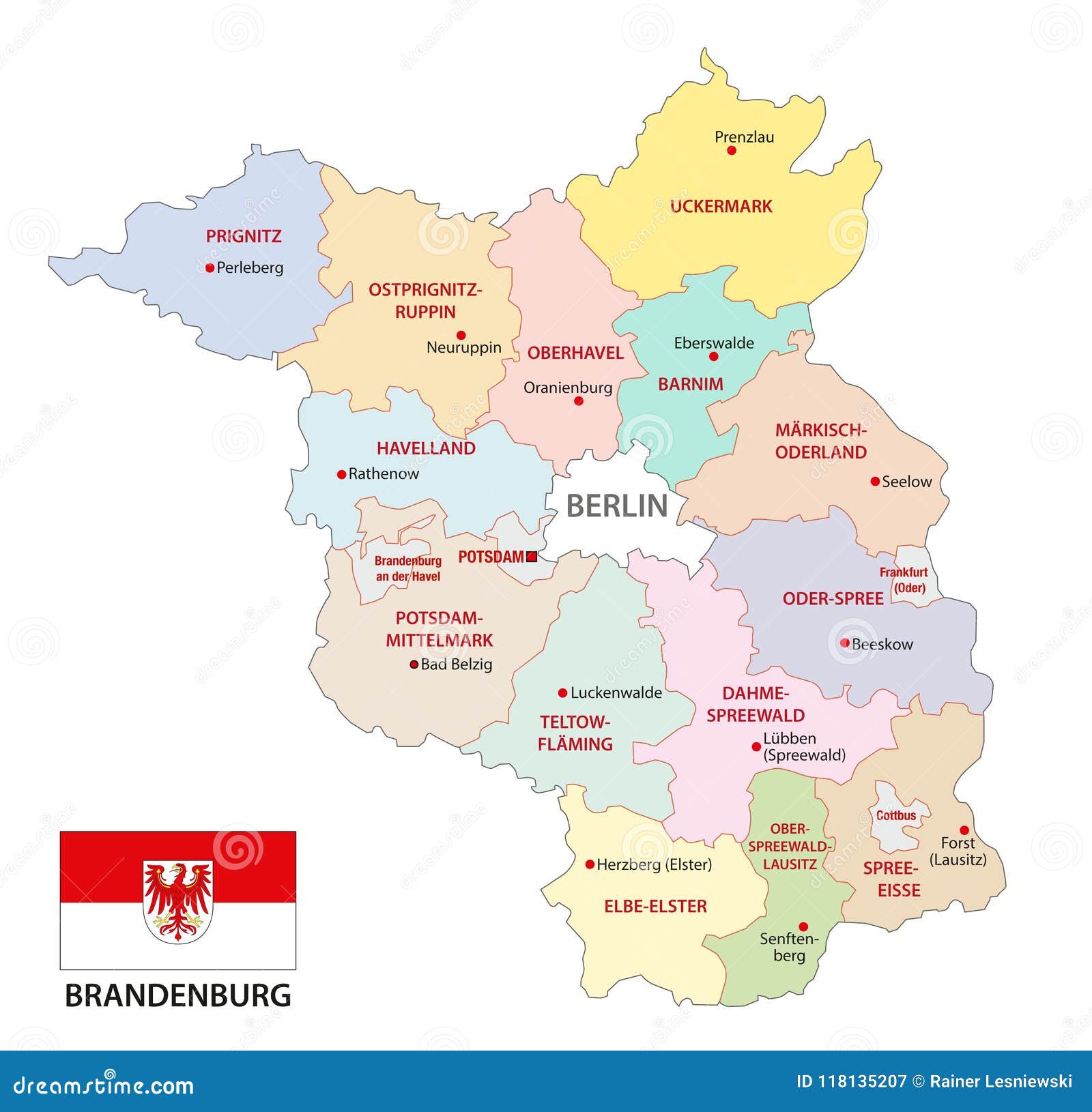 Brandenburg Administrative and Political Vector Map with Flag, Germany ... Brandenburg Administrative and Political Vector Map with Flag, Germany ...
