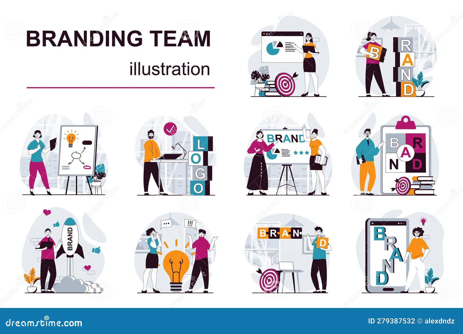Branding Team Concept with Character Situations Mega Set. Vector ...