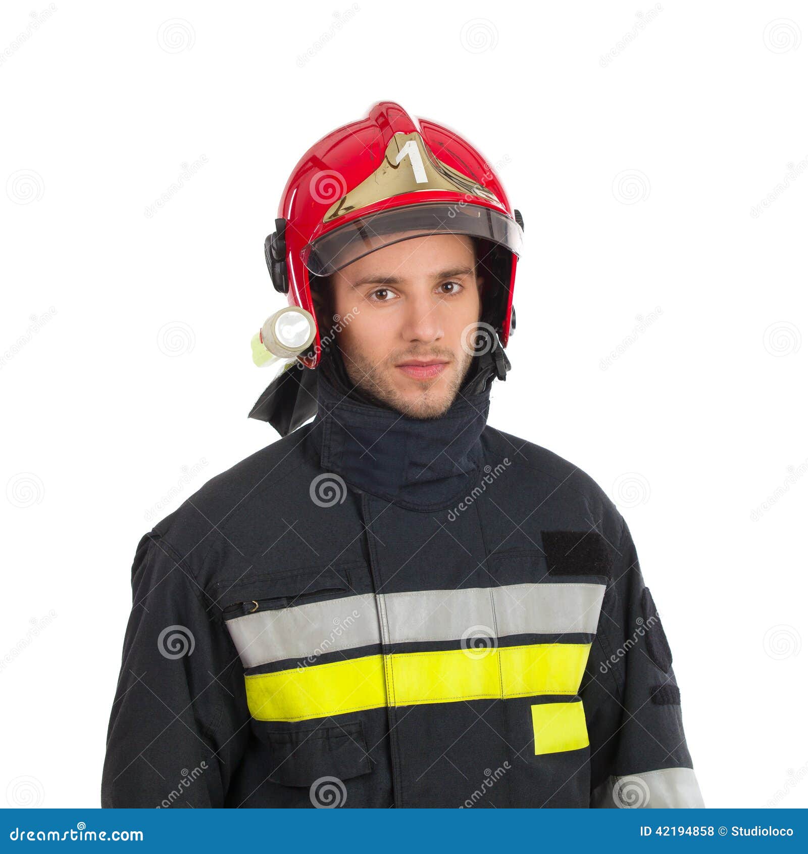 Brandweerman in rode helm stock foto. Image of uitziend - 42194858