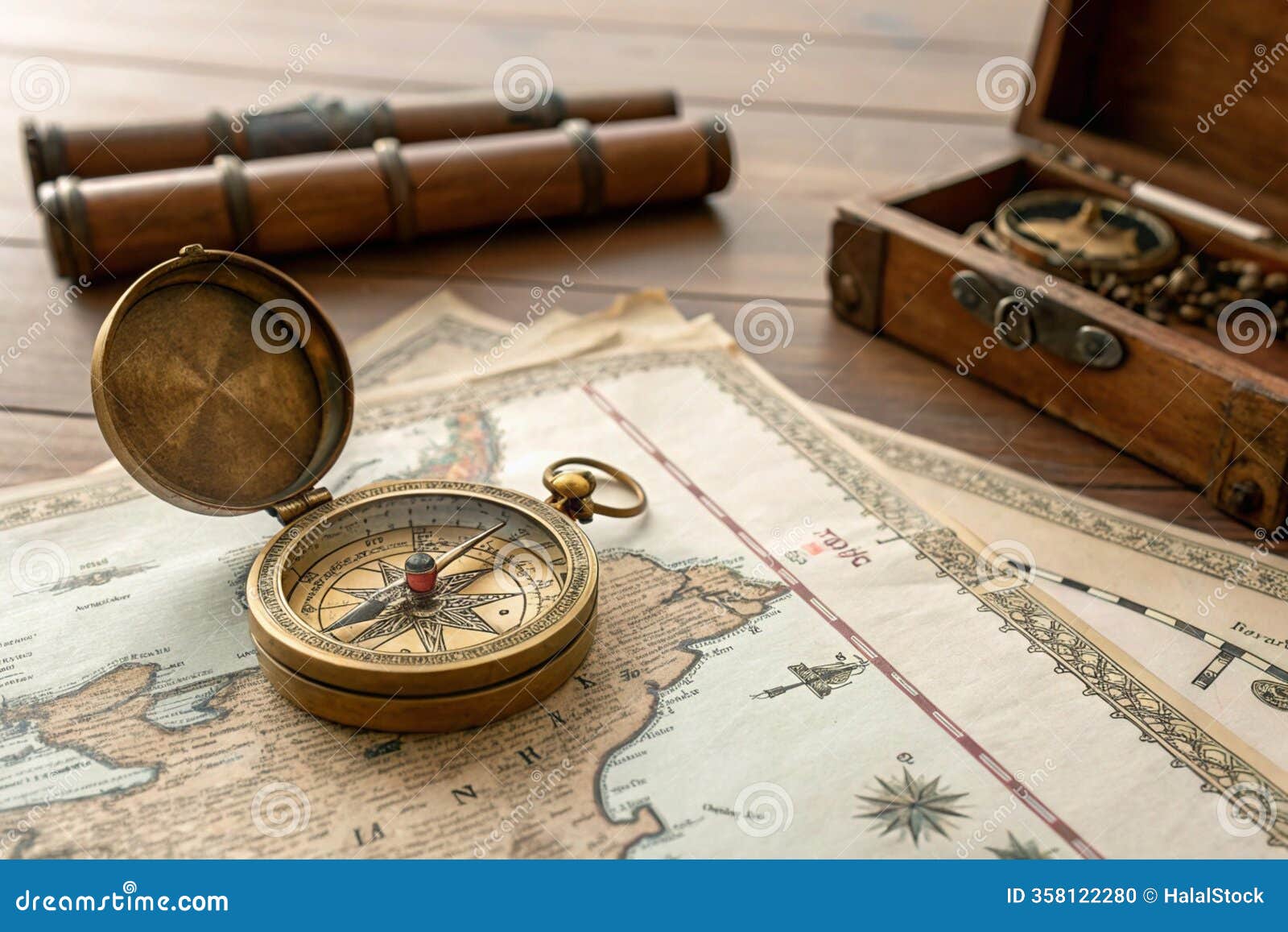 Brass Antique Nautical Compass with Old Map Stock Illustration ...