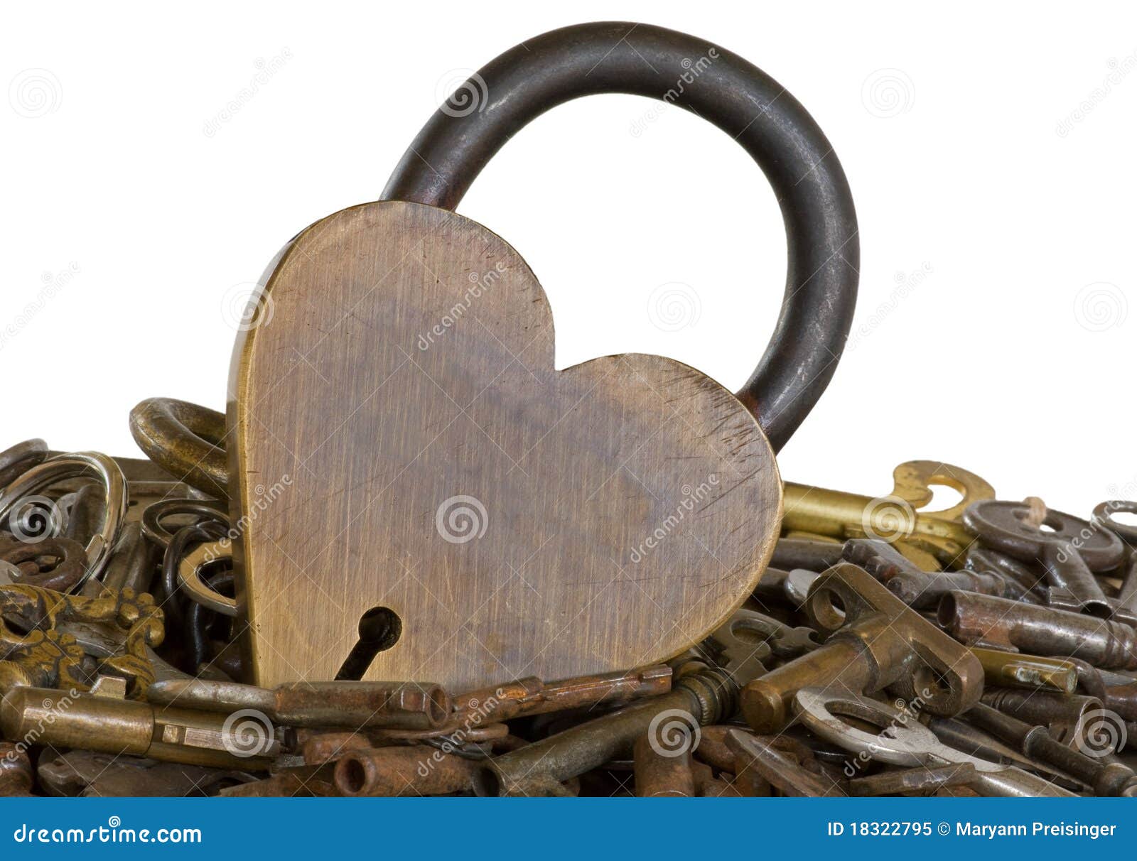 Brass Heart Lock Surrounded by Old Keys Isolated Stock Image - Image of ...