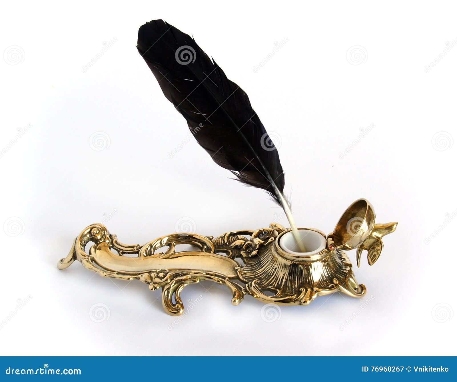 Brass inkwell with feather stock image. Image of design - 76960267