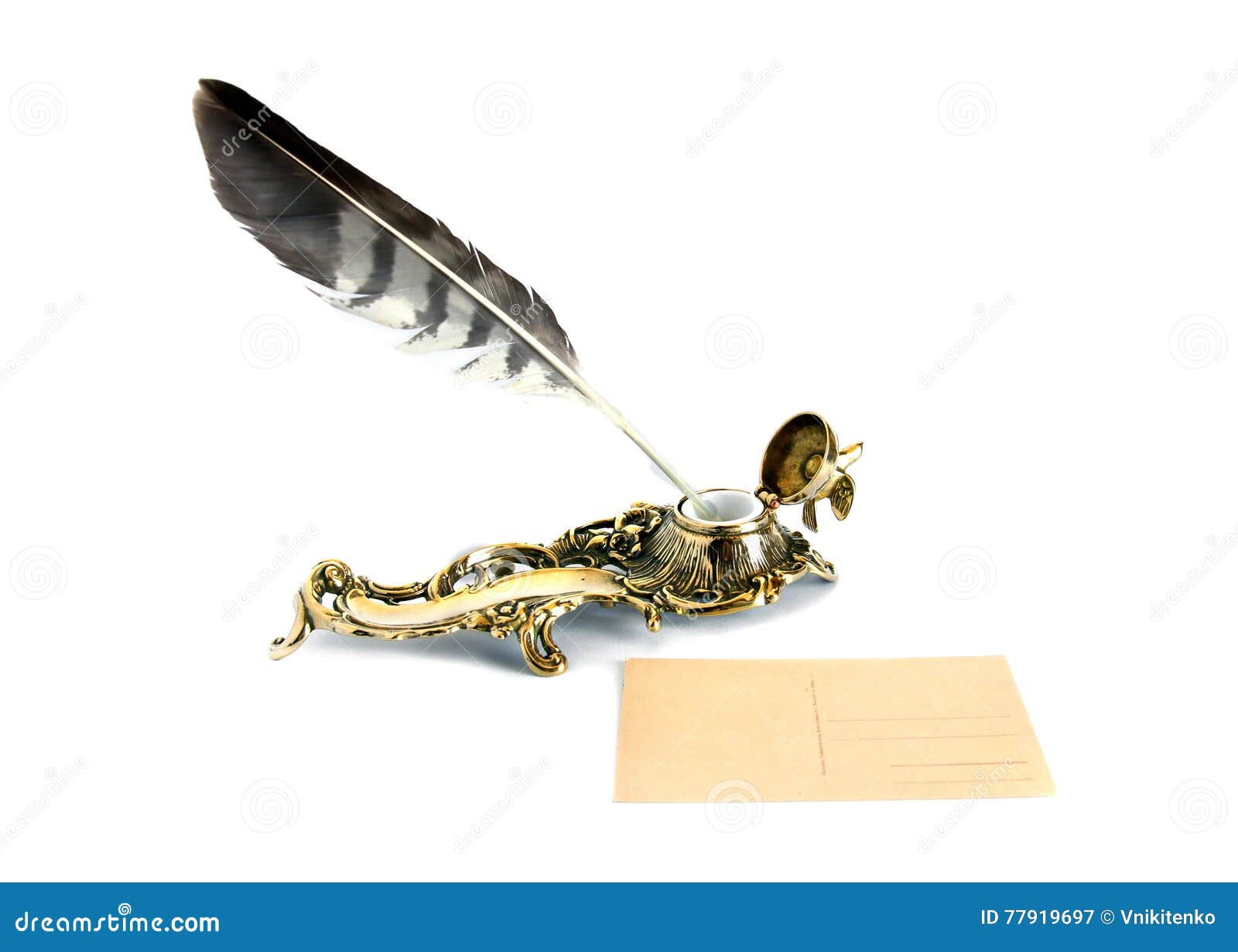 Brass Inkwell with Feather and Postcard Stock Image - Image of design ...