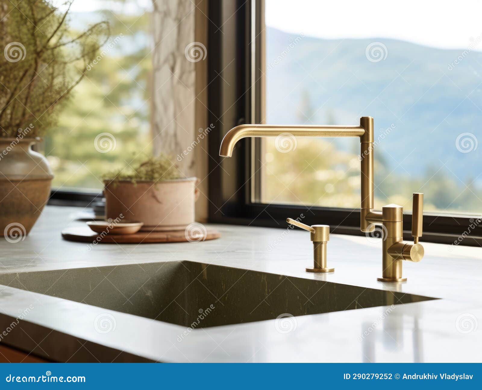 Brass Kitchen Water Mixer Tap on Stone Counter Against of Window Stock ...