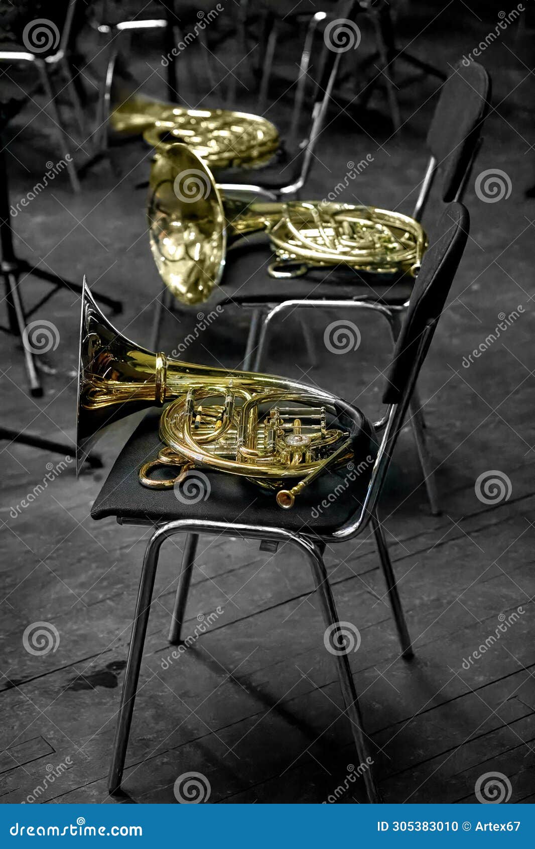 A Brass Musical Instrument Horn Lying on a Chair Stock Photo - Image of ...