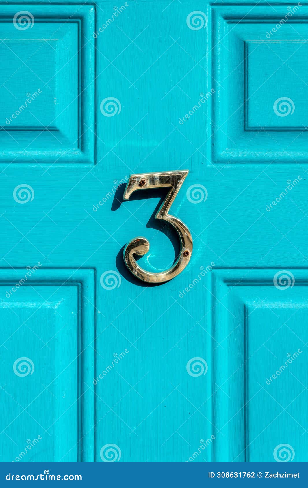 Brass Number Three on a Teal Door with Reflection and Shadow Stock ...