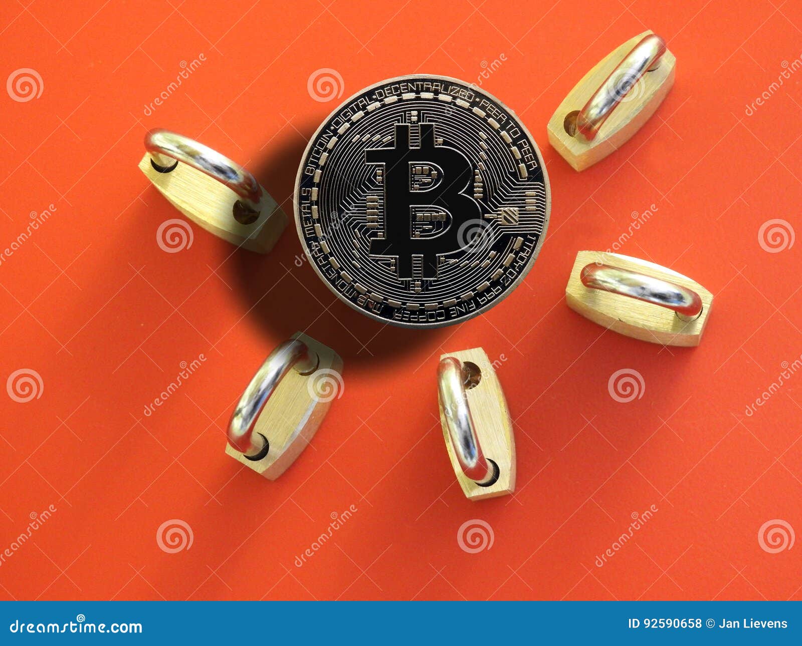 Brass padlocks and Bitcoin stock photo. Image of insurance - 92590658