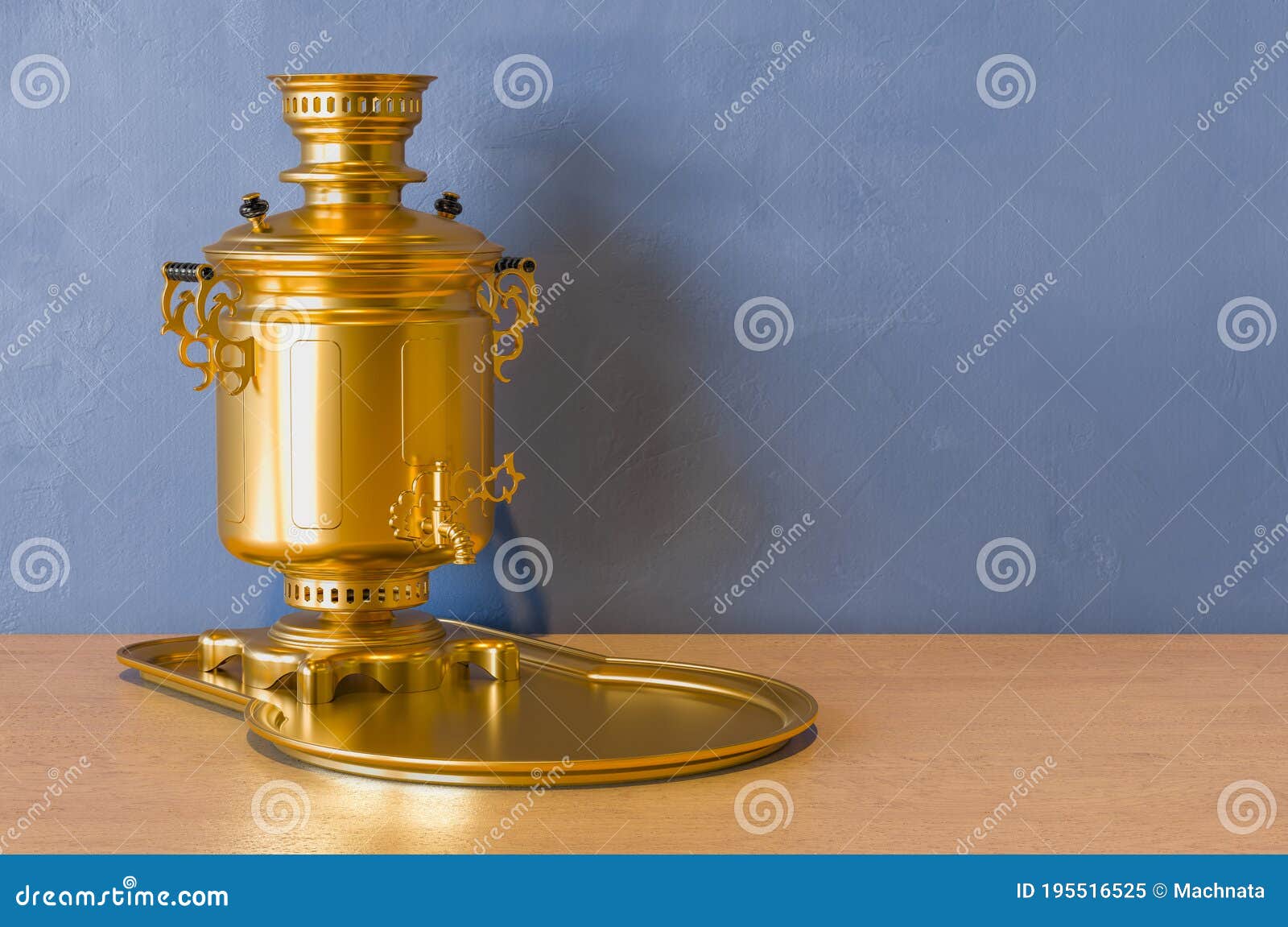 Brass Samovar on the Wooden Table. 3D Rendering Stock Illustration ...