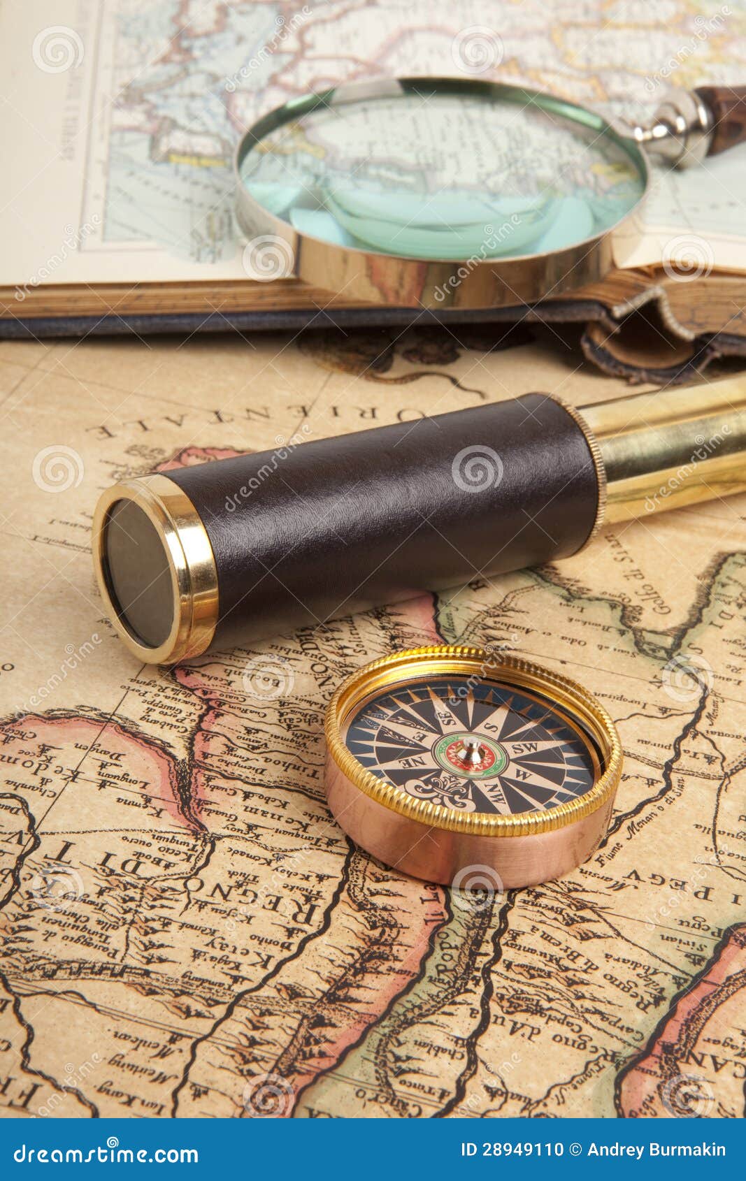 Brass telescope on map stock photo. Image of journey - 28949110