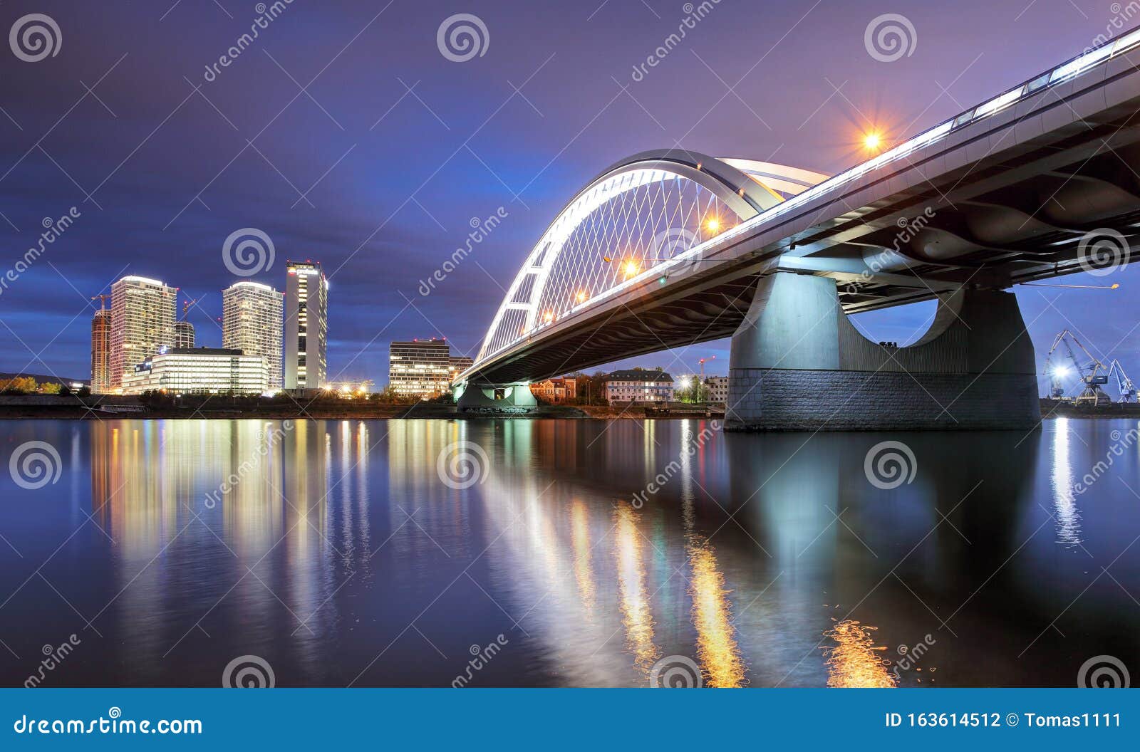 Bratislava Skyline with Apollo Bridge at Night, Slovakia Stock Photo ...
