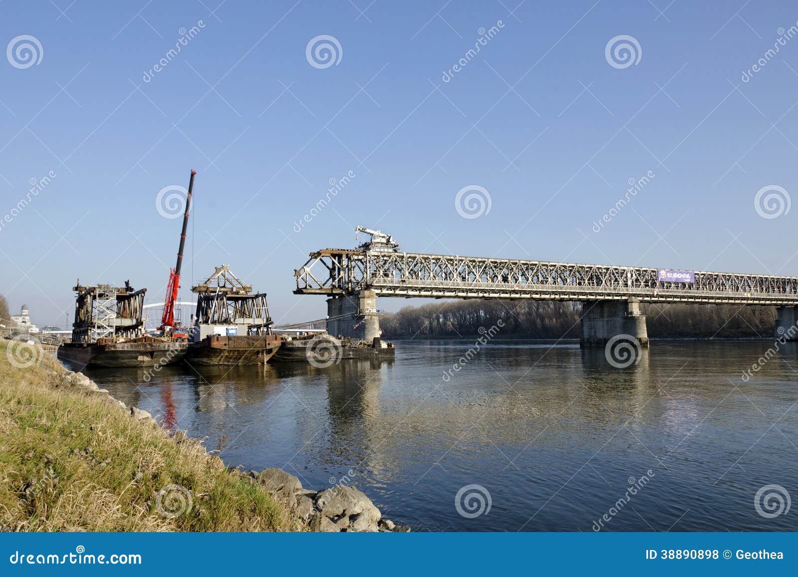 The Bratislava Stary Most Bridge Demounting Stock Photo - Image of boat ...