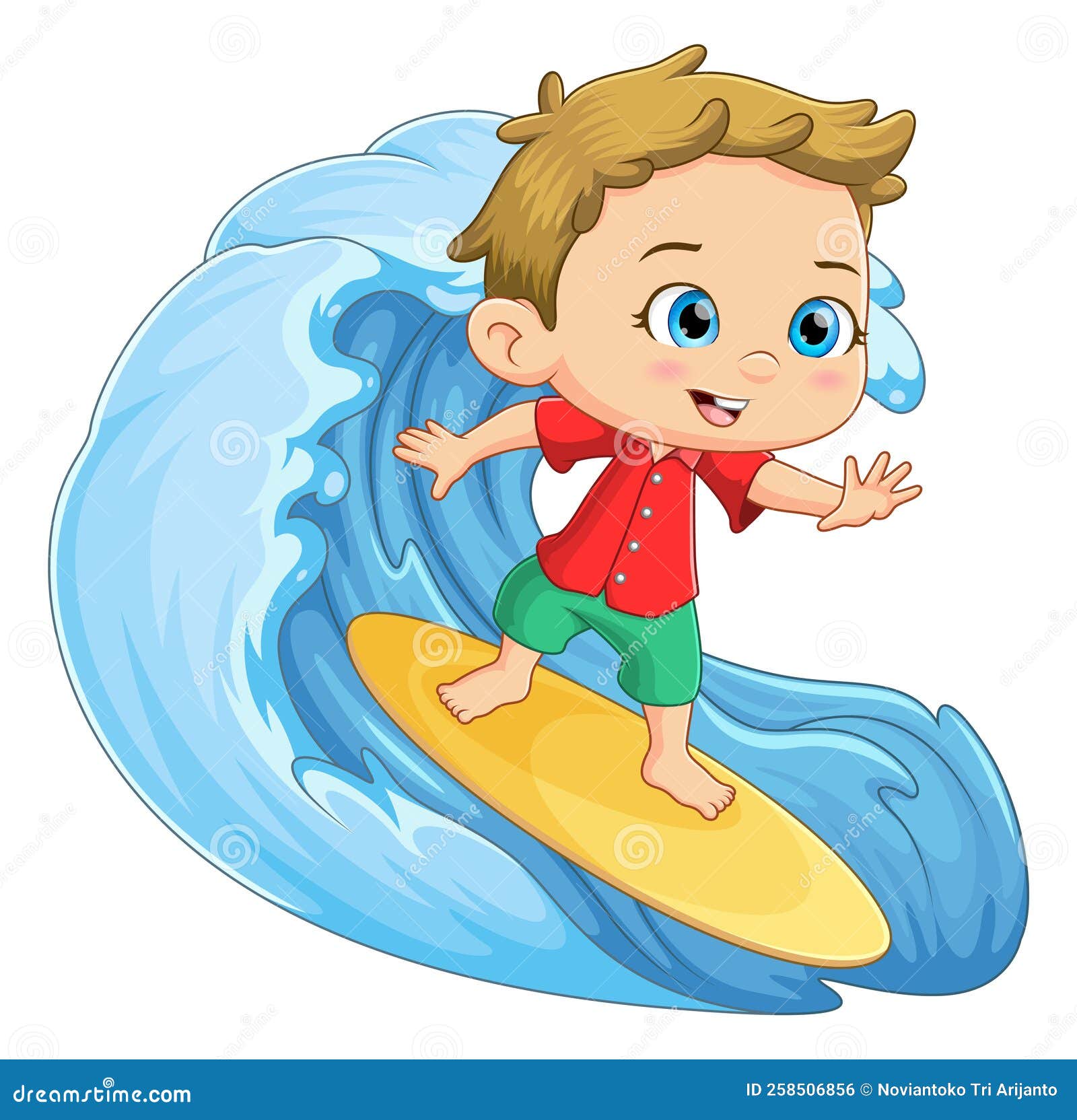 The Brave Boy is Playing a Surfboard at Beach with a Big Wave Stock ...