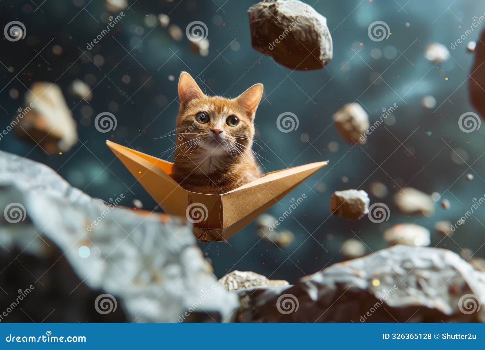 A Brave Cat Piloting A Paper Spaceship Through An Asteroid Belt Dodging ...