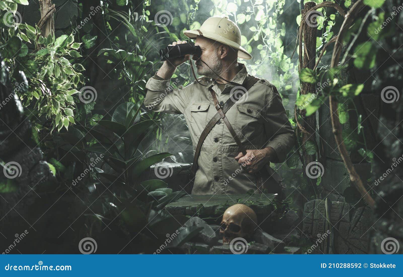 Explorer with Binoculars in the Jungle Stock Photo - Image of retro ...