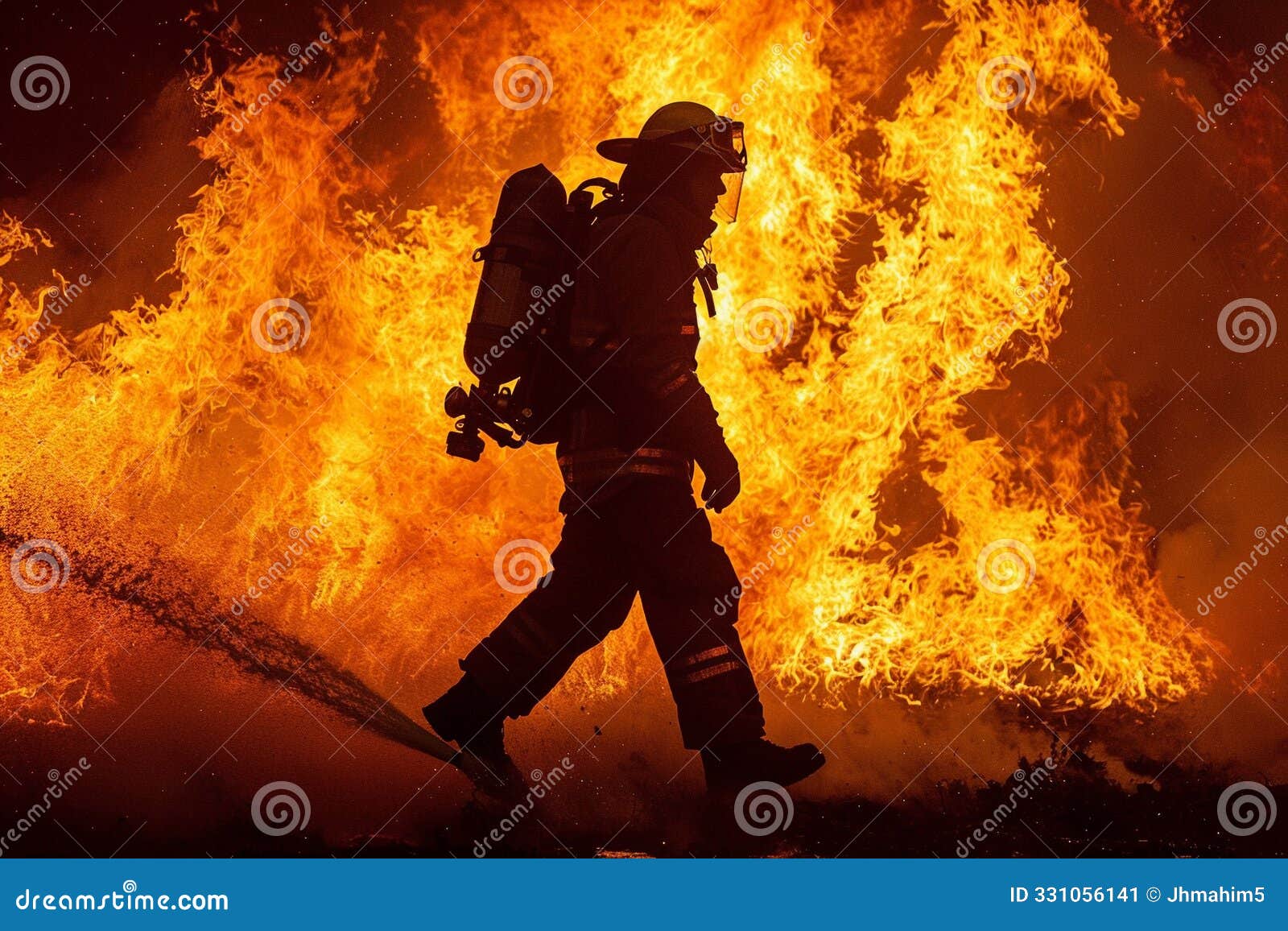 Brave Firefighter Battling Raging Inferno Stock Illustration ...