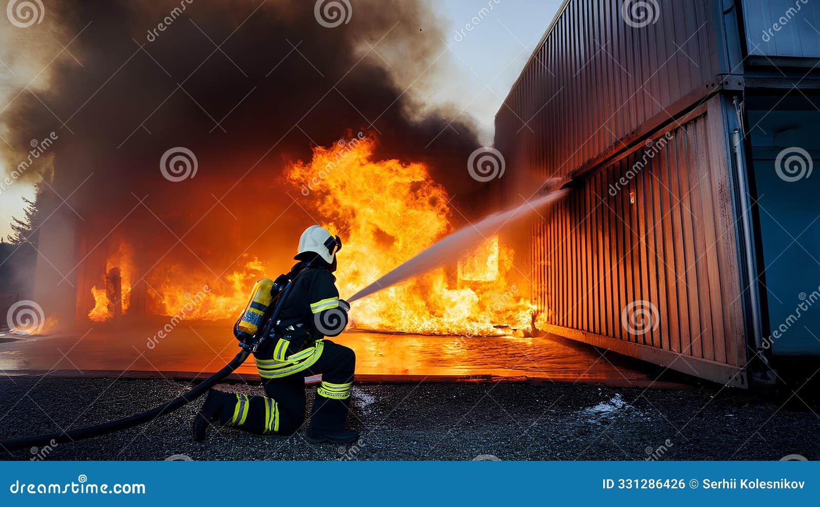 Brave Firefighter in Protective Gear in Front of a Burning House ...