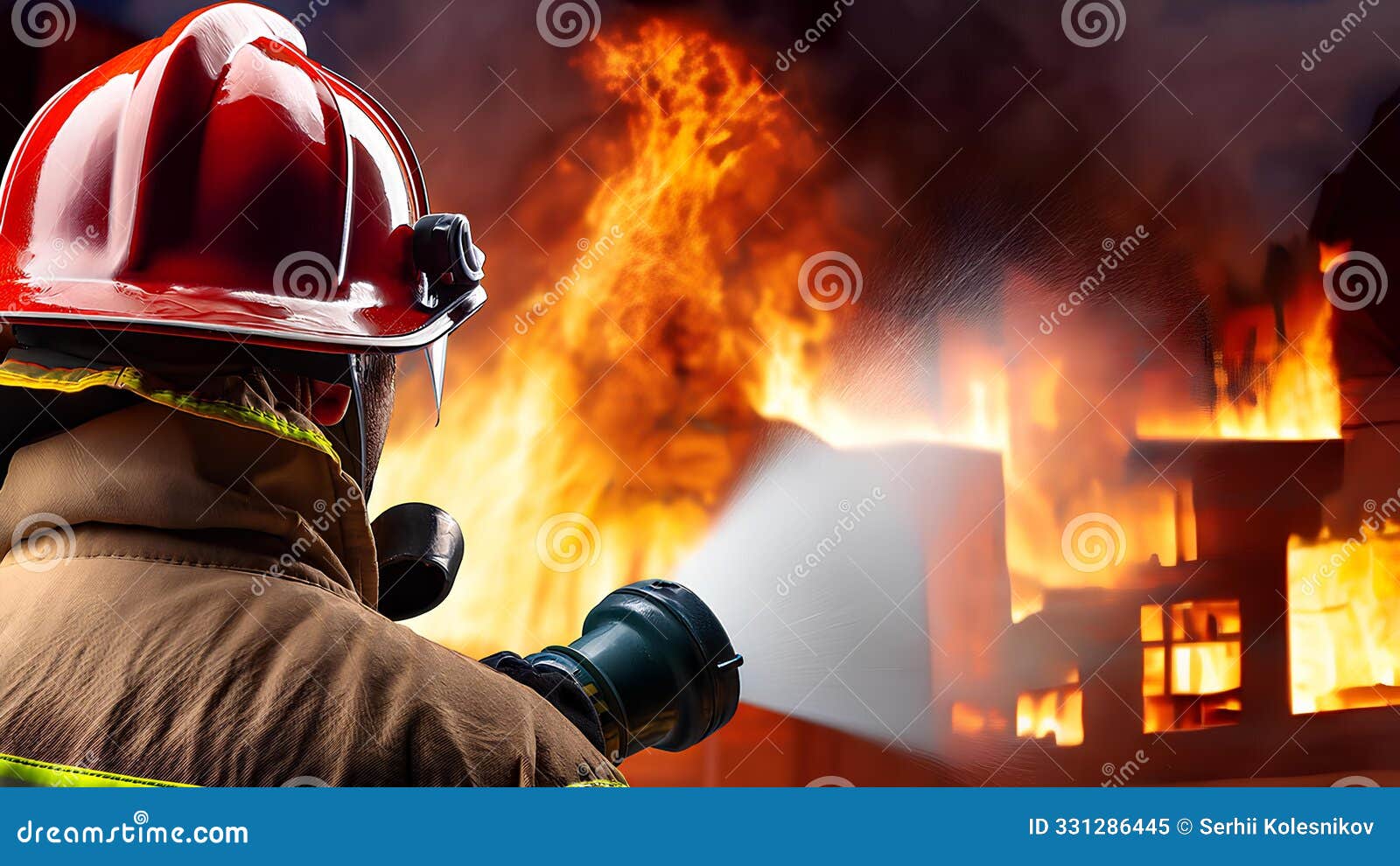 Brave Firefighter in Protective Gear in Front of a Burning House ...
