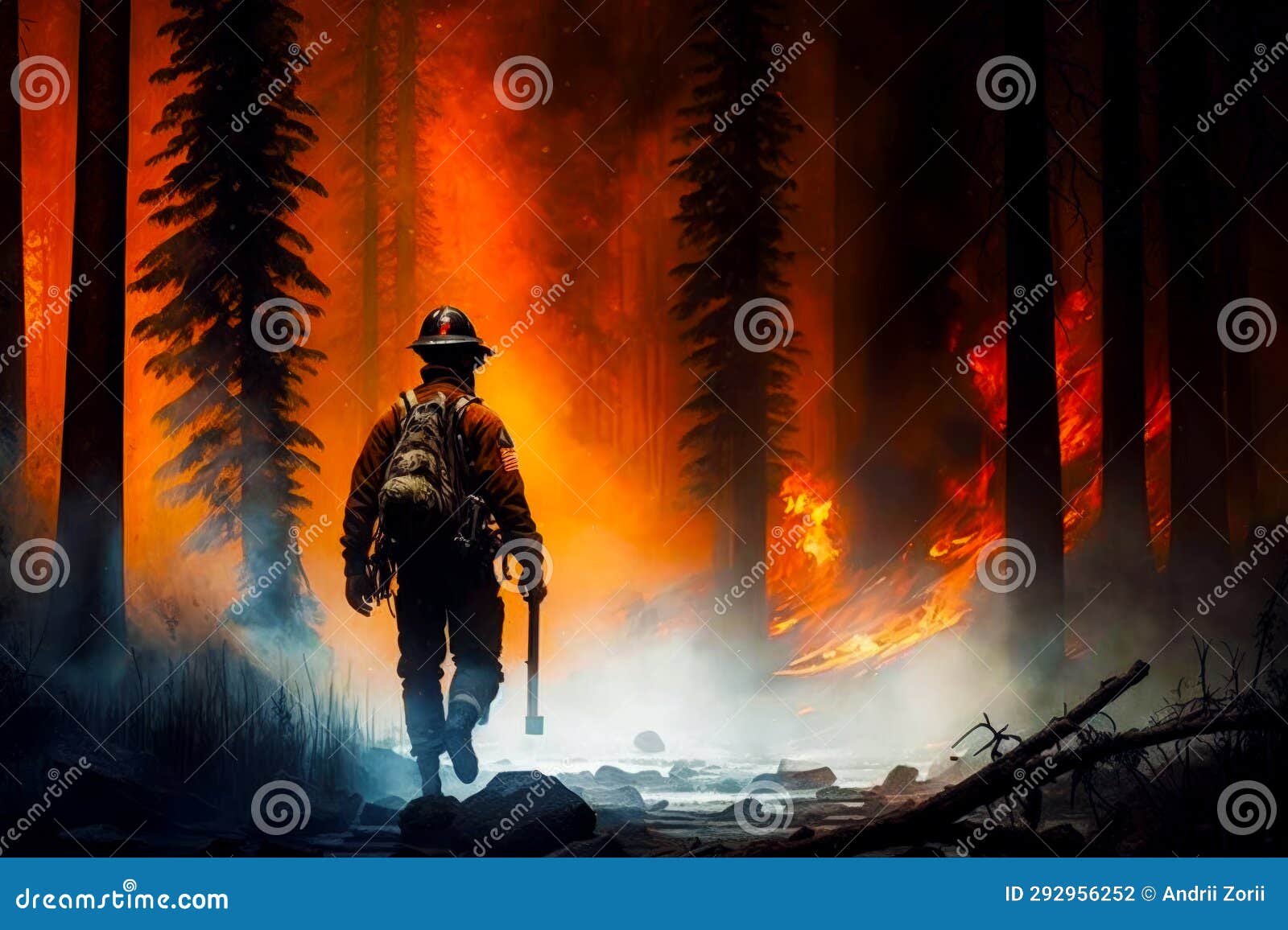 Brave Firefighter Stands in Front of a Huge Forest Fire Stock Photo ...