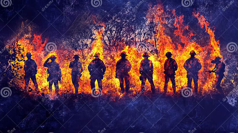 Brave Firefighters Against the Backdrop of Fire Stock Image - Image of ...