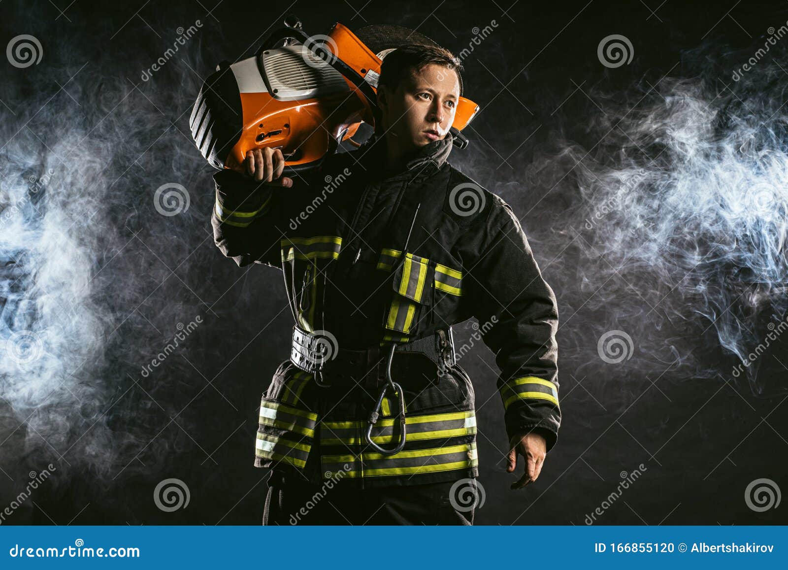 Brave fireman in uniform stock photo. Image of hero - 166855120