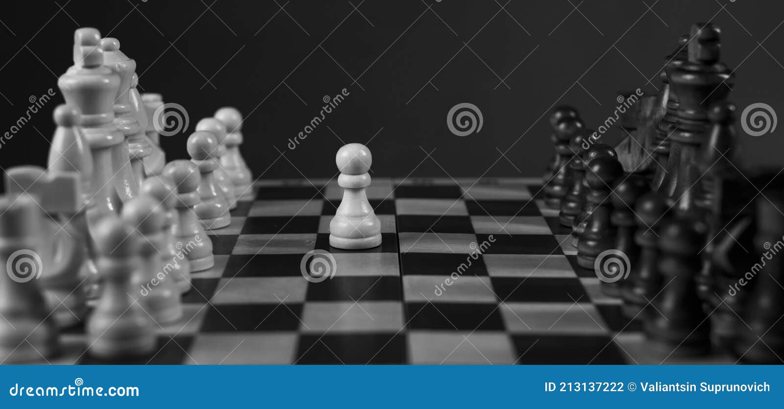 Brave First Step of White Pawn on Chess Chessboard, Black and White ...