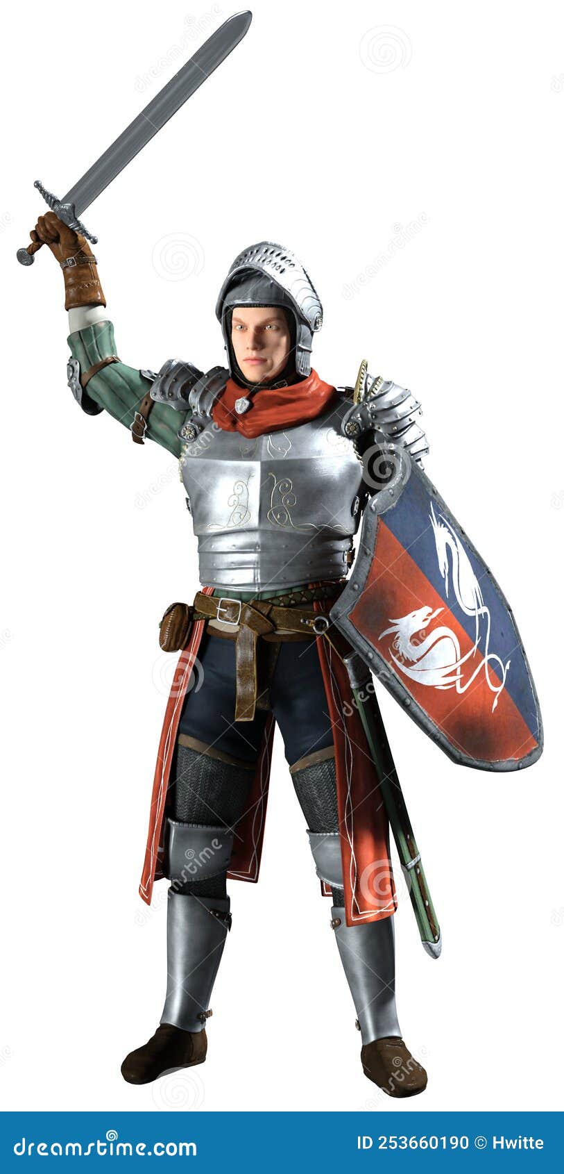 Brave Knight Standing with Raised Sword 3d Rendering Stock Illustration ...