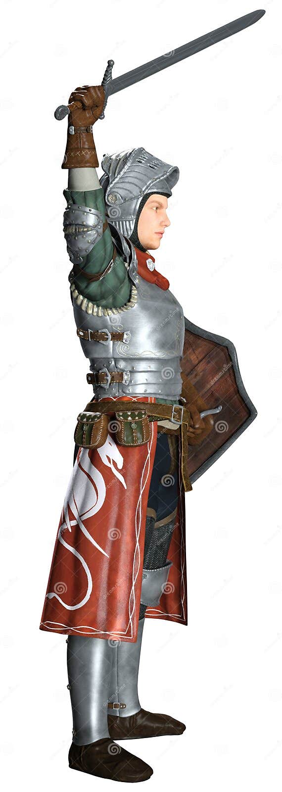 Brave Knight Standing with Raised Sword 3d Rendering Stock Illustration ...