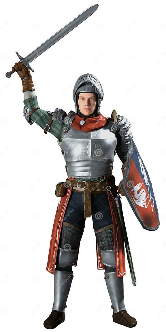 Brave Knight Standing with Raised Sword 3d Rendering Stock Illustration ...