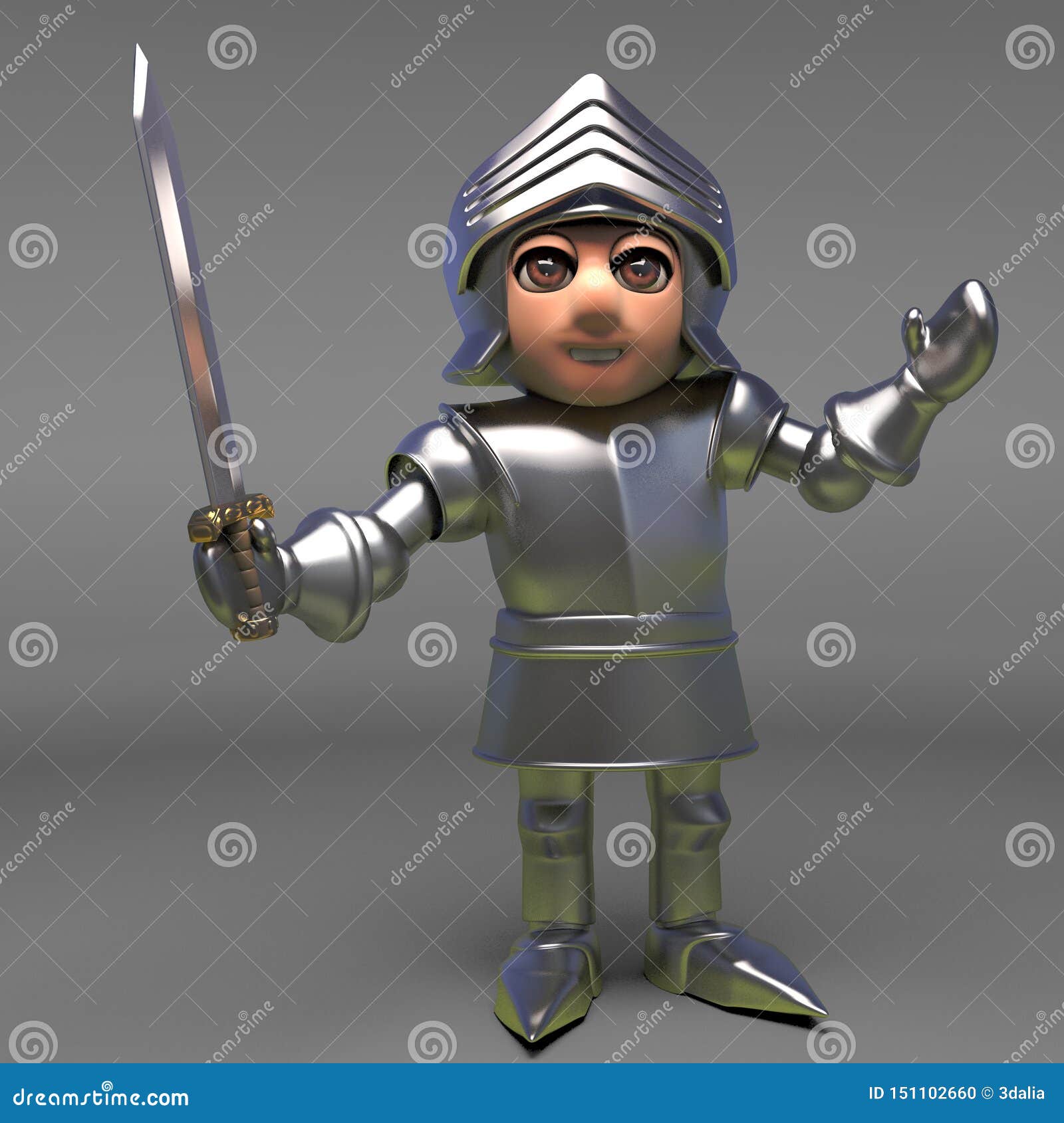 Brave Medieval Knight in Armour Defends with His Sword, 3d Illustration ... Brave Medieval Knight in Armour Defends with His Sword, 3d Illustration ...