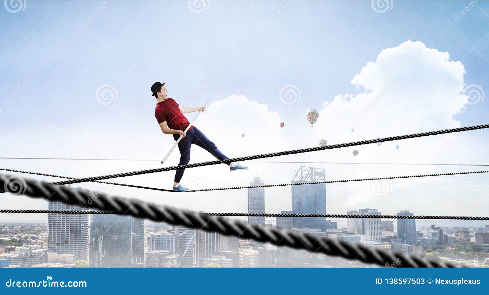 Brave Ropewalker on Cable. Mixed Media Stock Image - Image of city ...