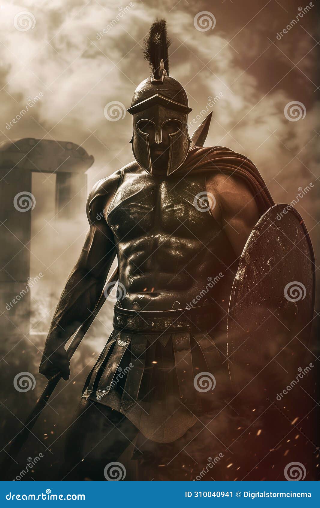 Brave Spartan Warrior Posing on the Battlefield with Shield and Spear ...