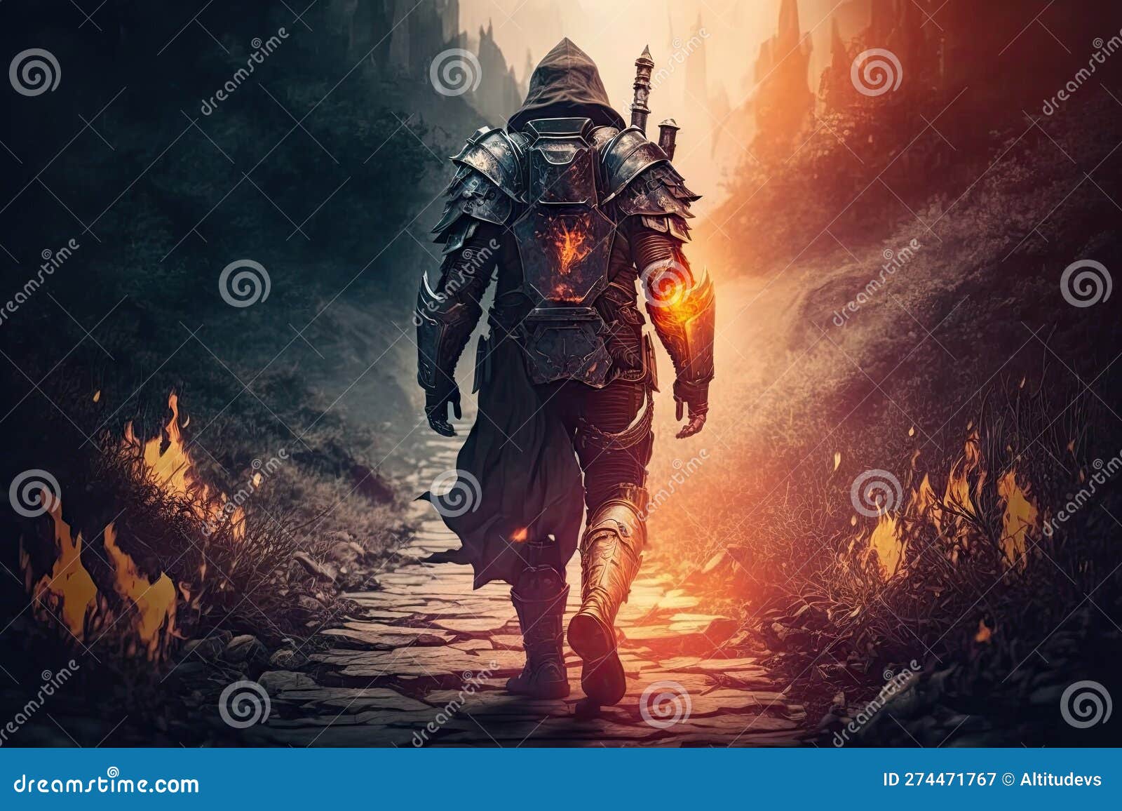 Brave Warrior in Armor Walking on Glowing Path Stock Illustration ...