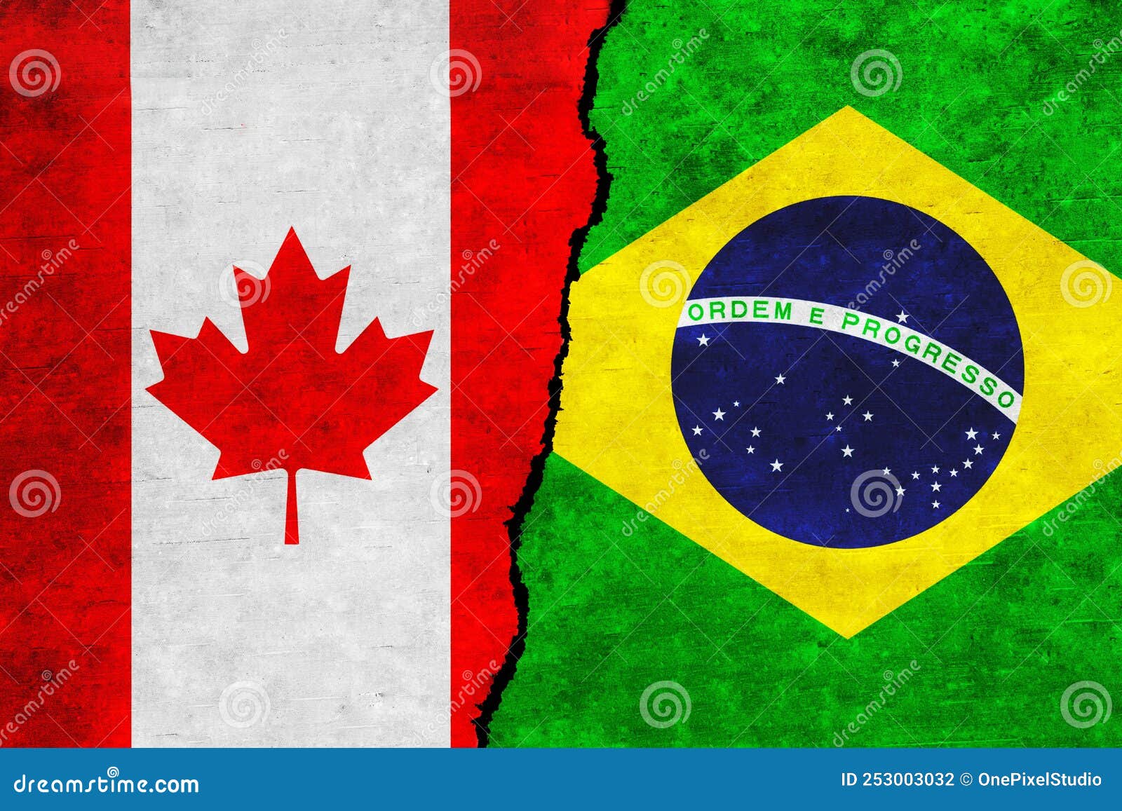 Brazil and Canada Painted Flags on a Wall with a Crack. Brazil and ...