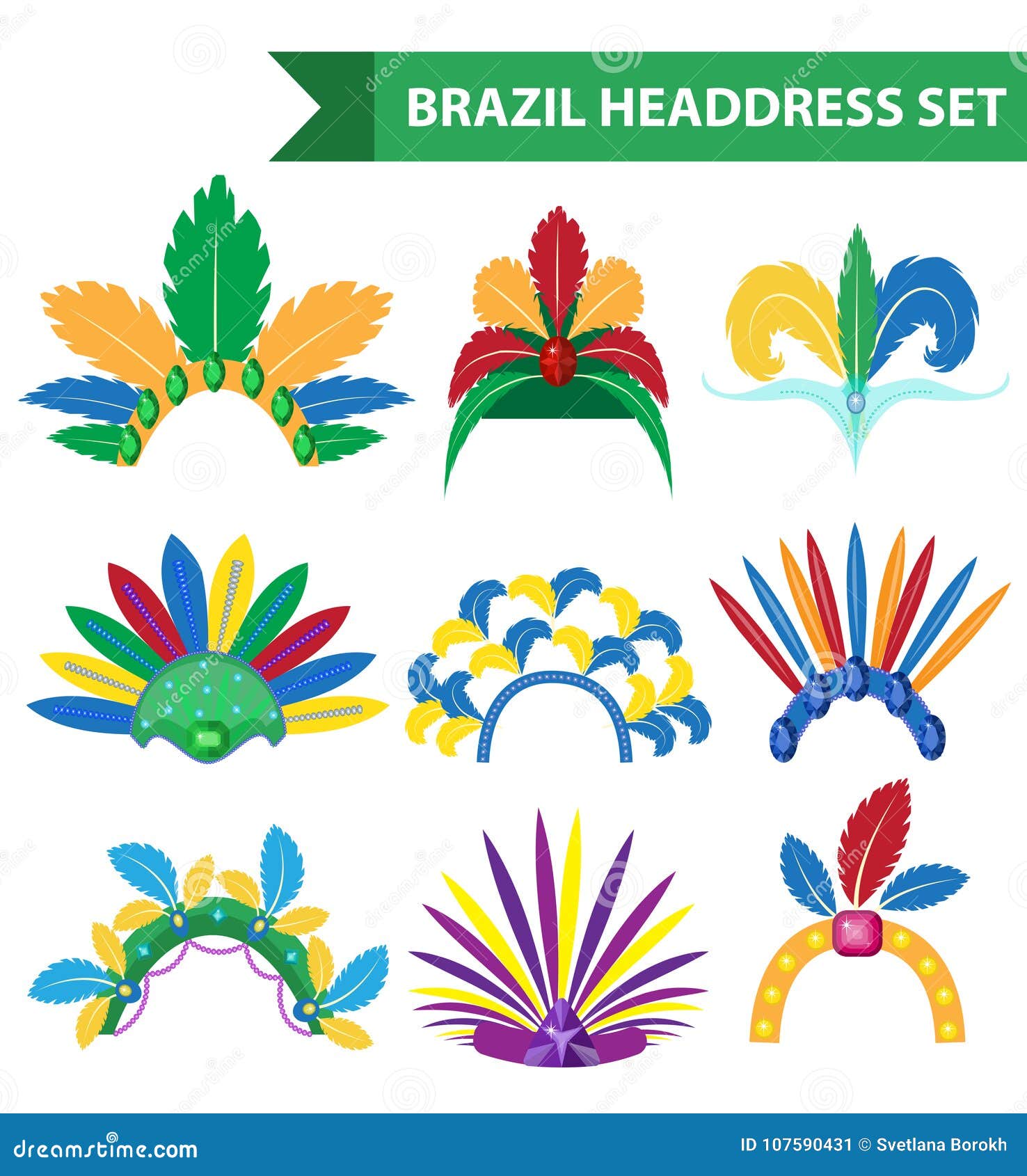 Brazil Feather Headband Headdress Icons Flat Style Headpiece Carnival