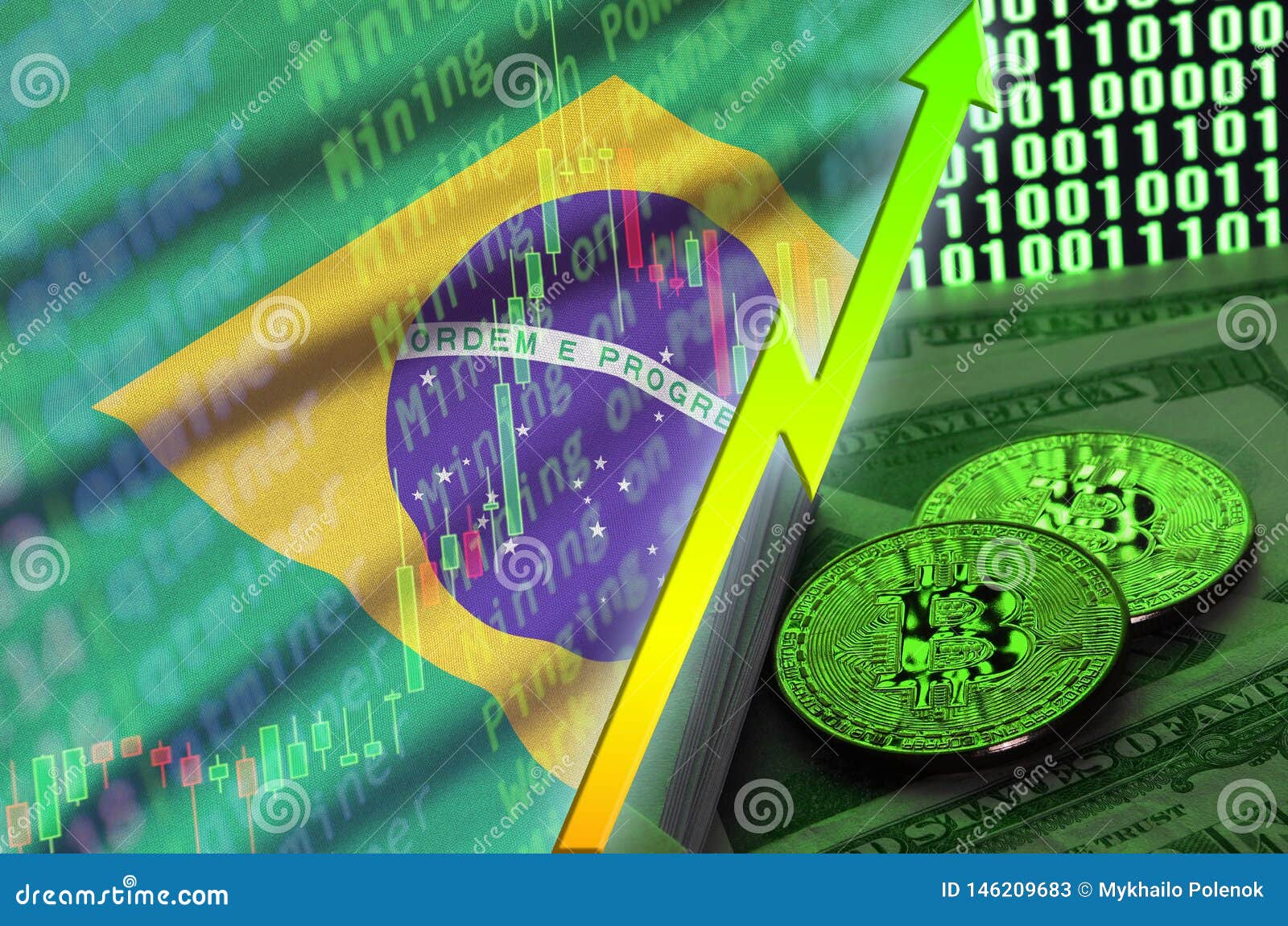 Brazil Flag and Cryptocurrency Growing Trend with Two Bitcoins on ...