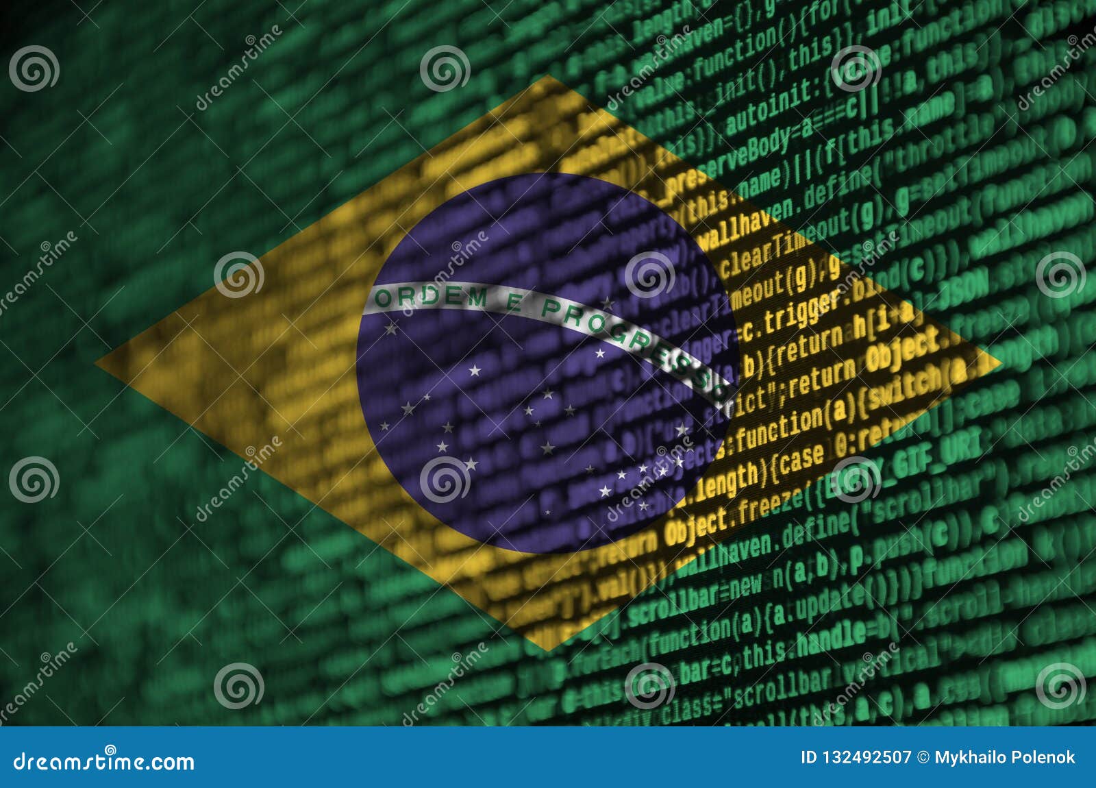 Brazil Flag is Depicted on the Screen with the Program Code. the ...