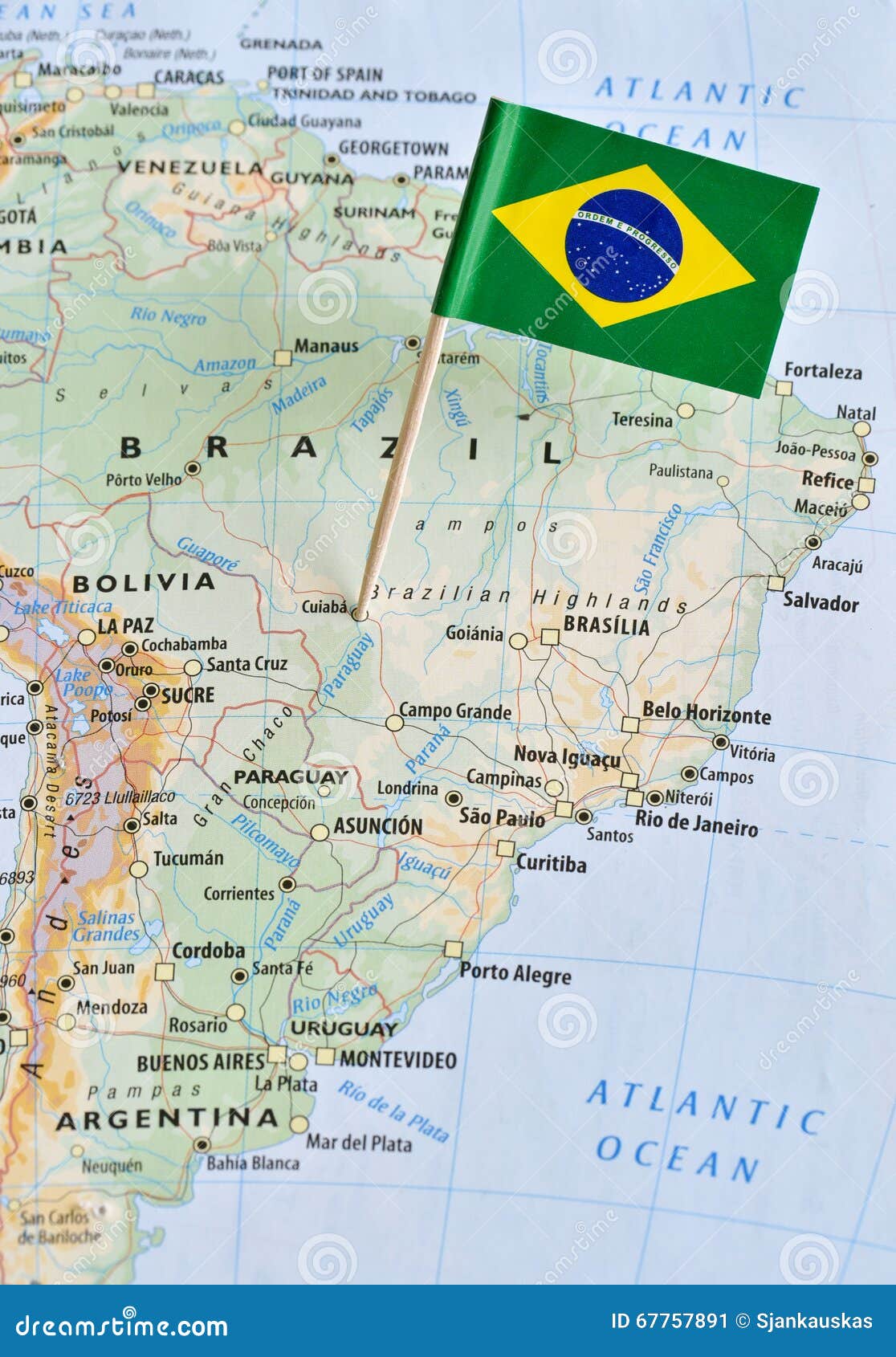 Brazil flag pin on map stock image. Image of country - 67757891