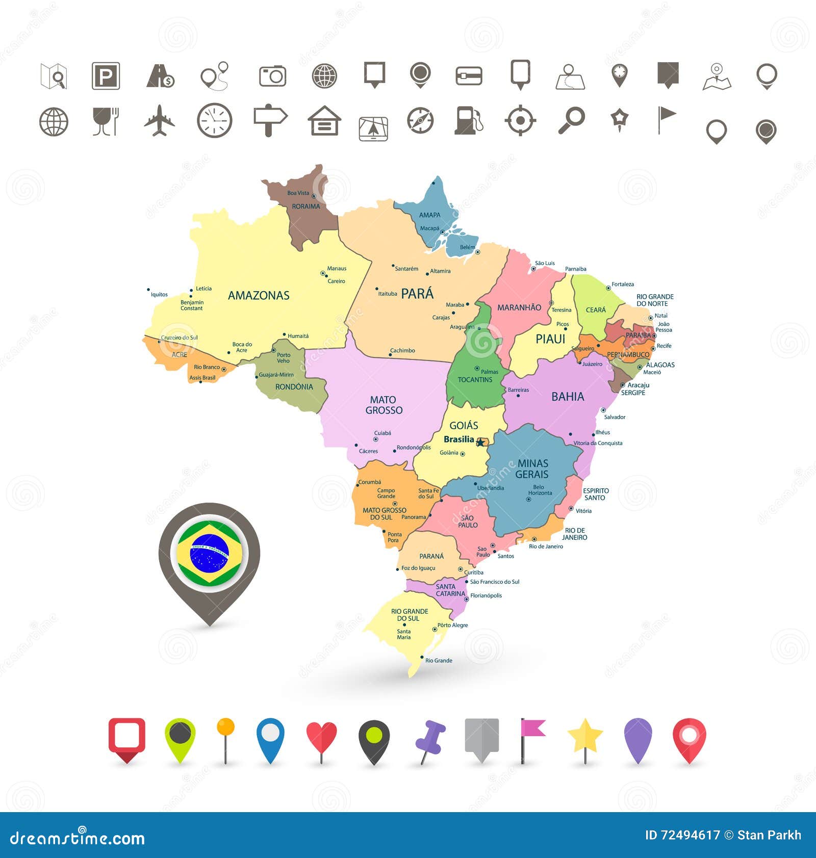 Brazil Map with Flag and Navigation Icons Stock Vector - Illustration ...