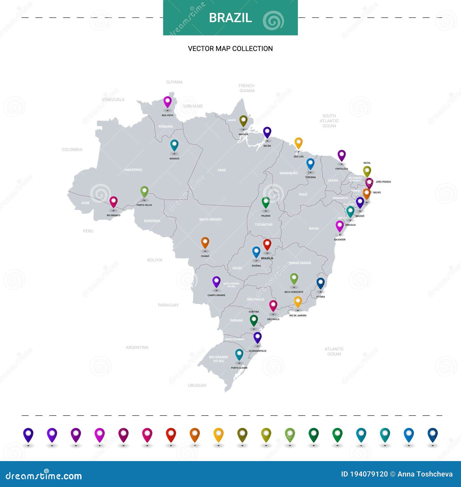 Brazil Map with Location Pointer Marks. Stock Vector - Illustration of ...