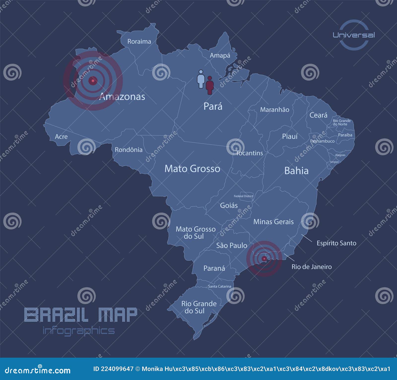 Brazil Map, with Names of Individual States, Infographics Blue Flat ...