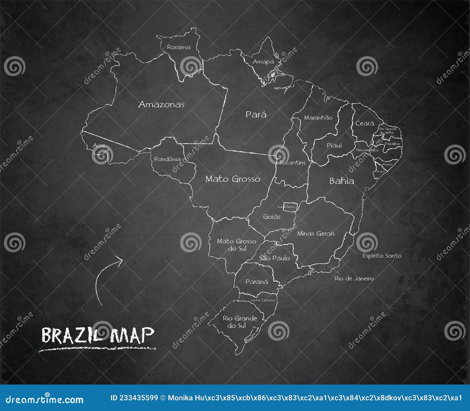 Brazil Map, Separates States with Names, Design Card Blackboard ...