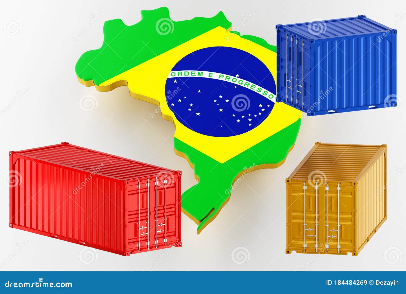 Brazil Map on White Background. Freight Shipping in Containers. 3d ...