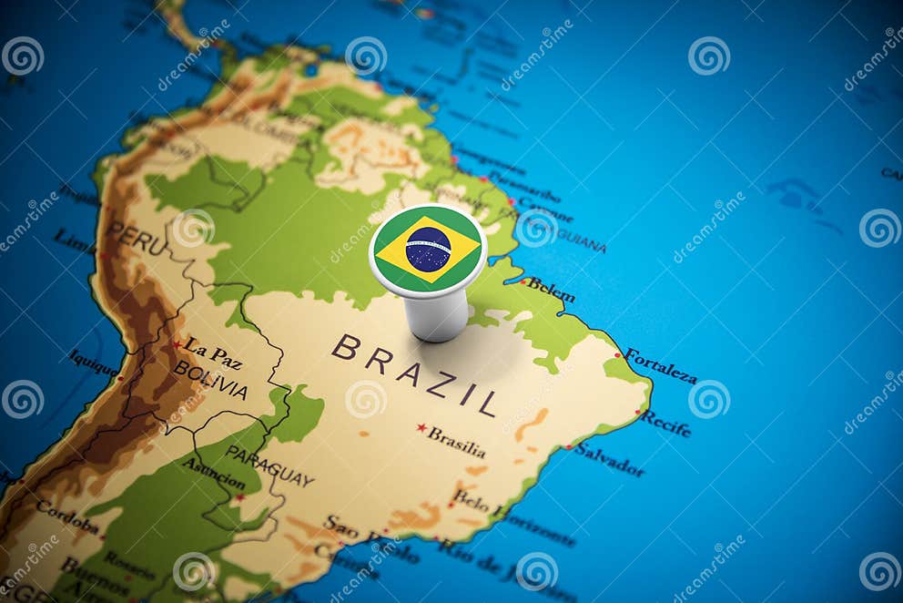 Brazil Marked with a Flag on the Map Stock Image - Image of element ...
