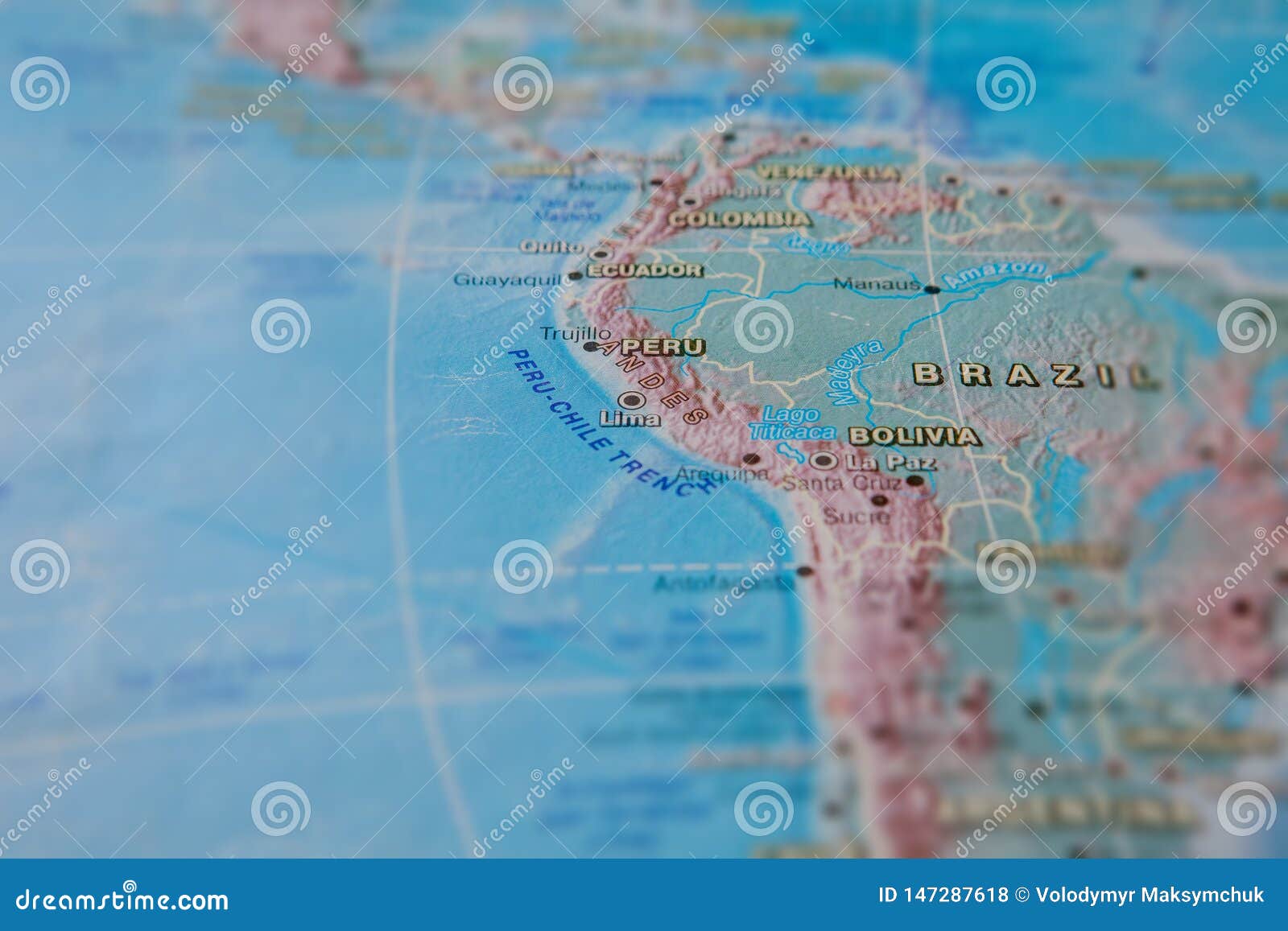Brazil and Peru in Close Up on the Map. Focus on the Name of Country ...