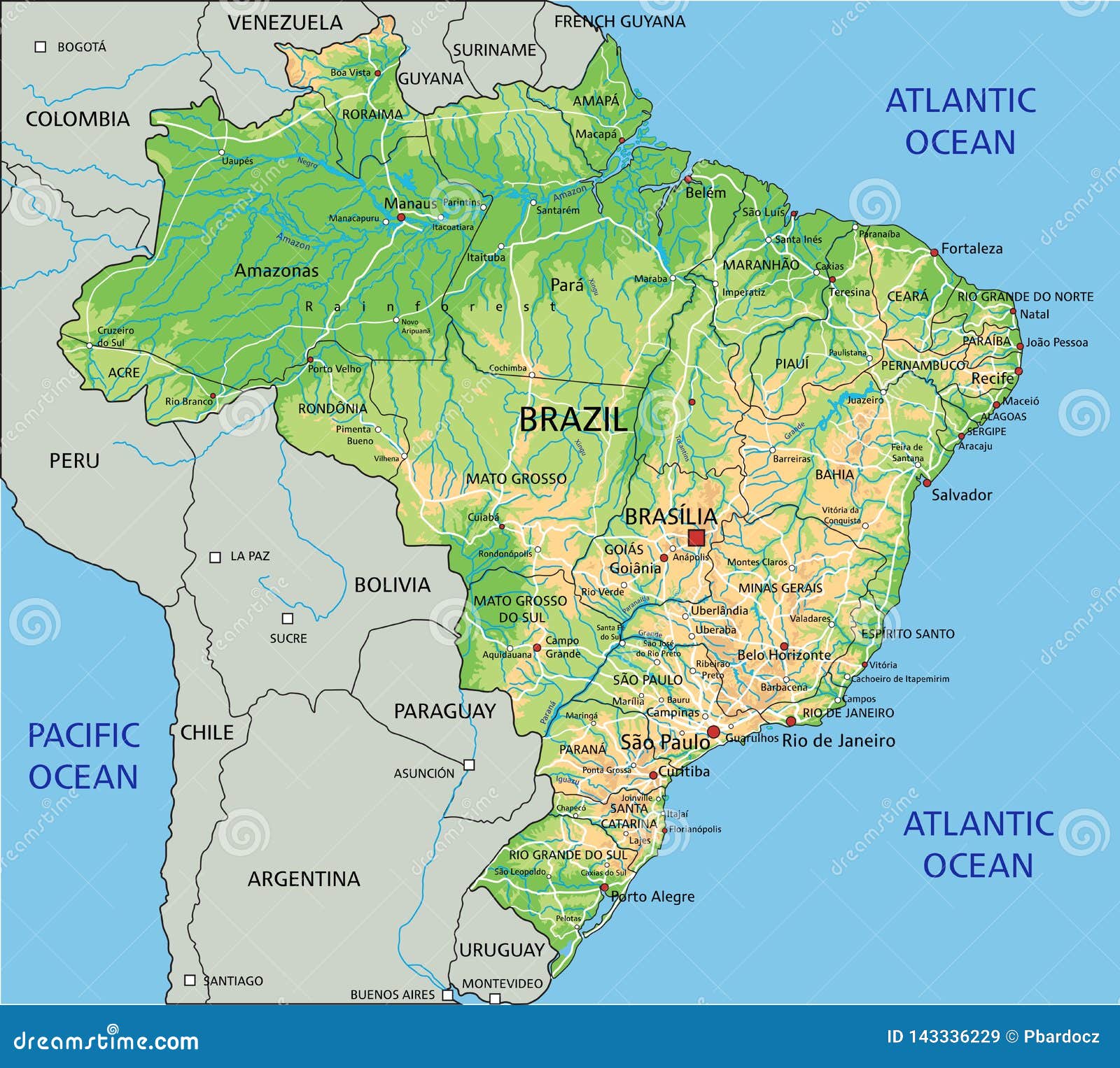 High Detailed Brazil Physical Map With Labeling. Cartoon Vector ...
