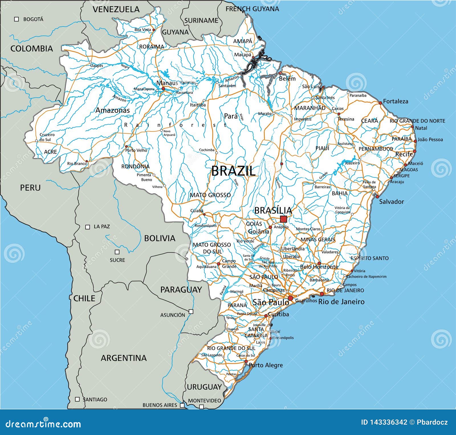 High Detailed Brazil Road Map with Labeling. Stock Vector ...