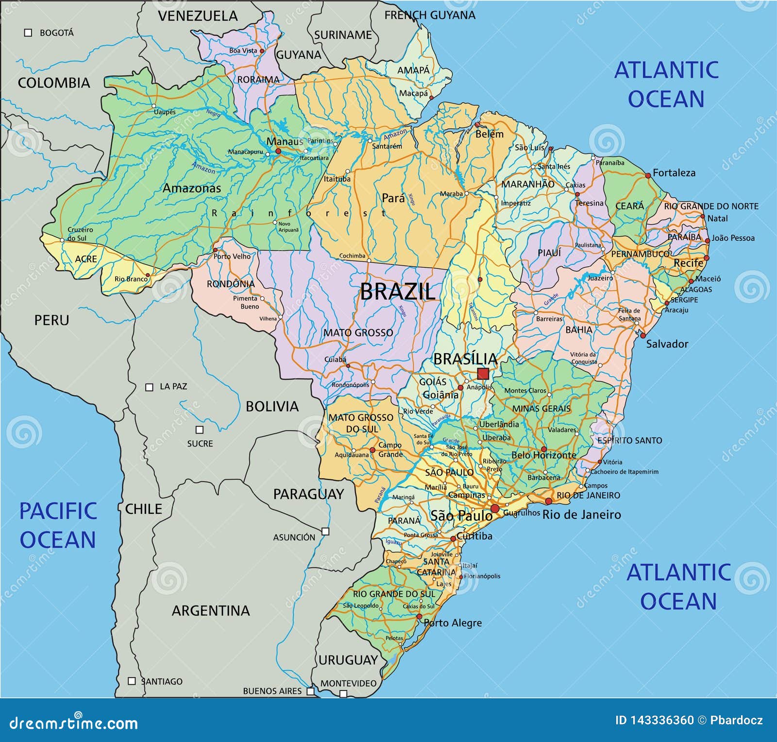 Brazil - Highly Detailed Editable Political Map With Labeling. Vector ...