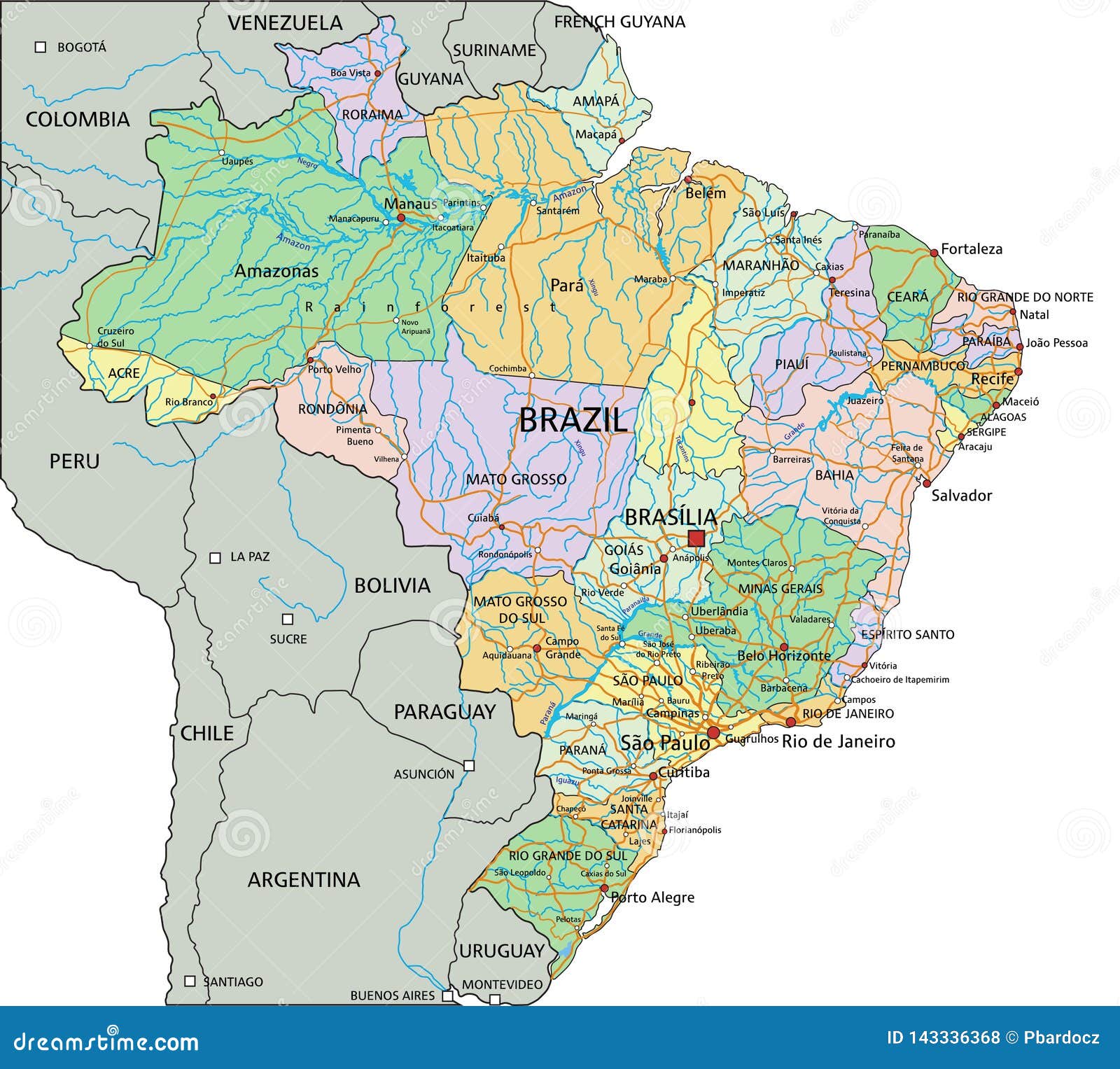 Brazil - Highly Detailed Editable Political Map with Labeling. Stock ...