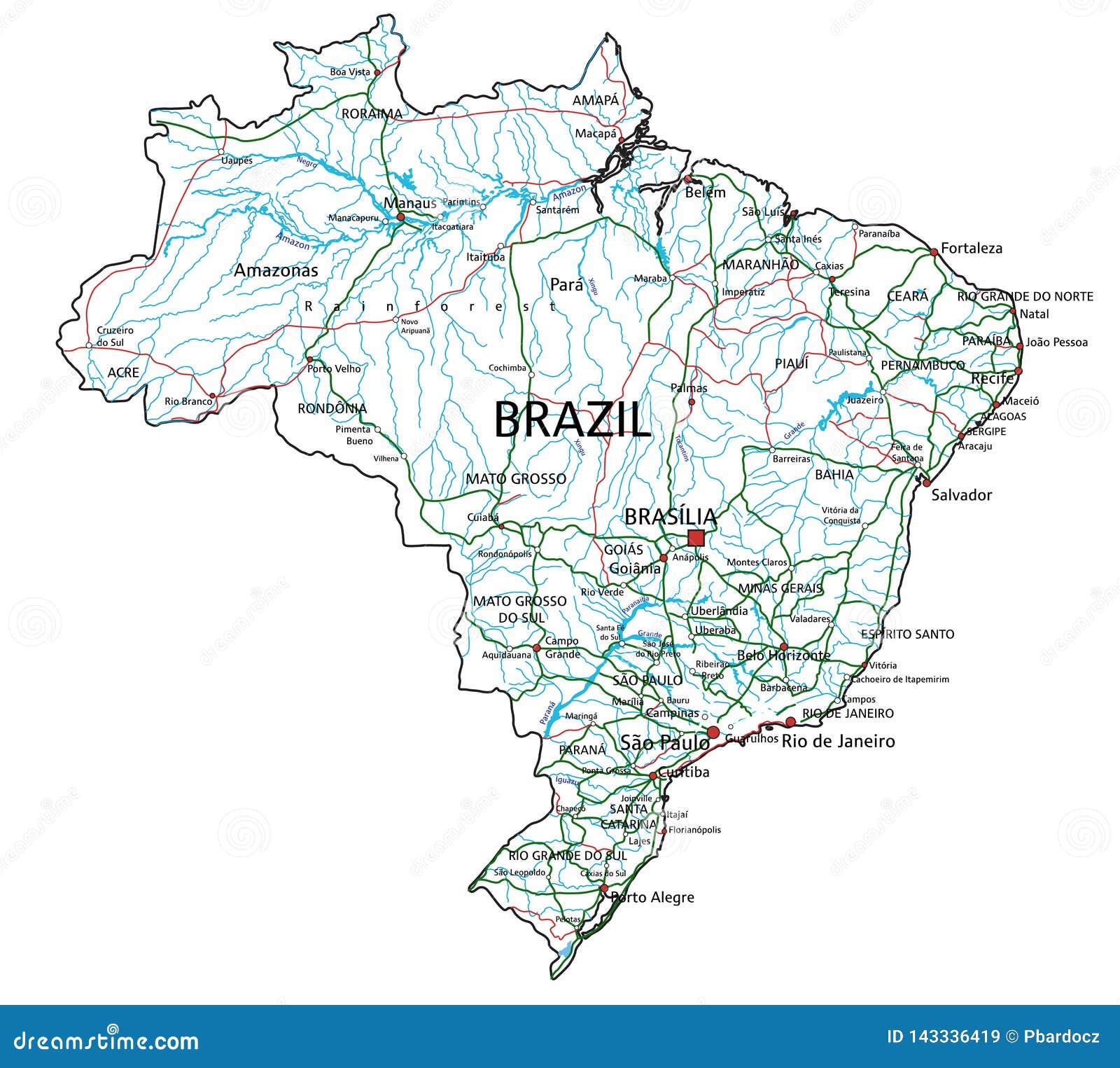 High Detailed Brazil Road Map with Labeling. Stock Vector ...